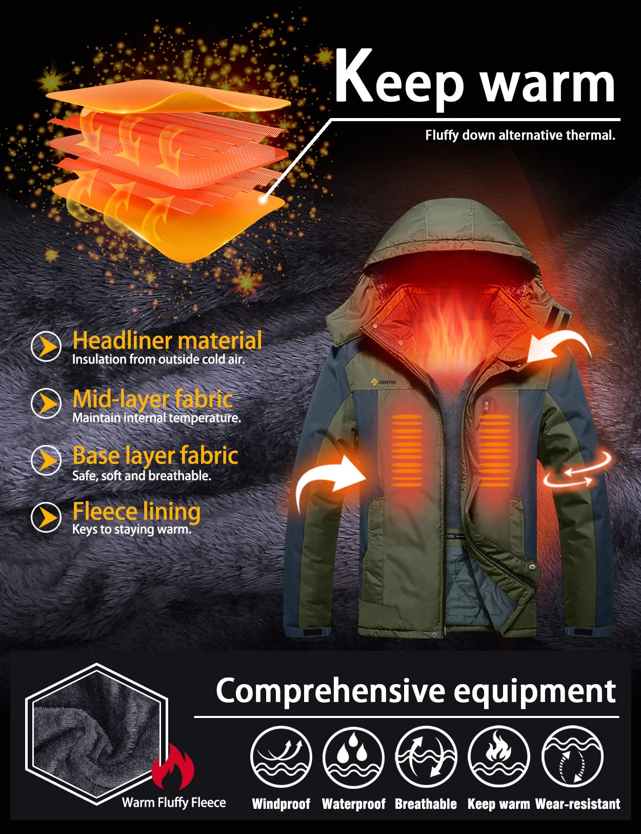 GEMYSE Men's Mountain Waterproof Ski Snow Jacket Winter Windproof Rain Jacket (Army Green,Large)