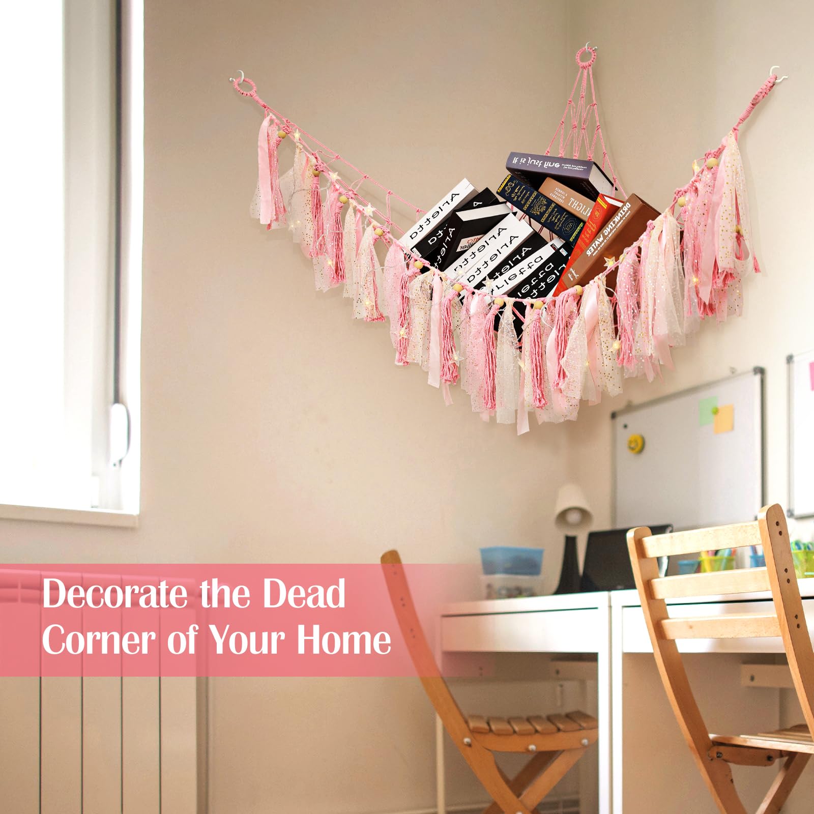 Lewondr Stuffed Animal Hammock, Dense Stuffed Animal Net or Hammock with Transitional Fringes, DIY Ribbons Great Decor Stuffed Animal Storage, 138'' Star Light String, 39'' x 39'' x 59, Pink