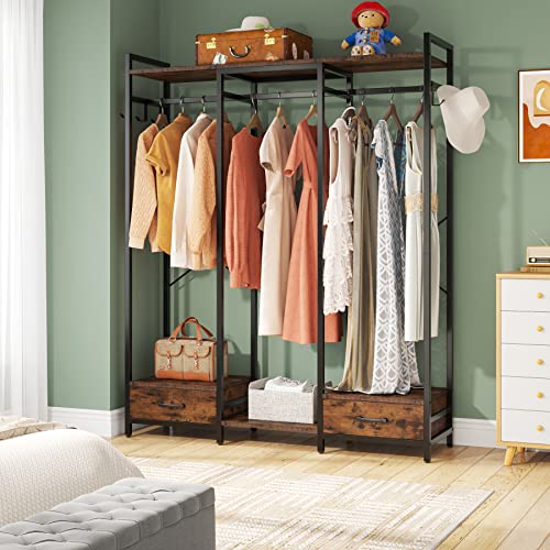 Tribesigns Clothes Rack with 2 Drawers, Freestanding Closet Organizer Garment Rack with Storage Shelves Hanging Rods and Hooks, Large Open Wardrobe Closet Clothing Rack for Bedroom