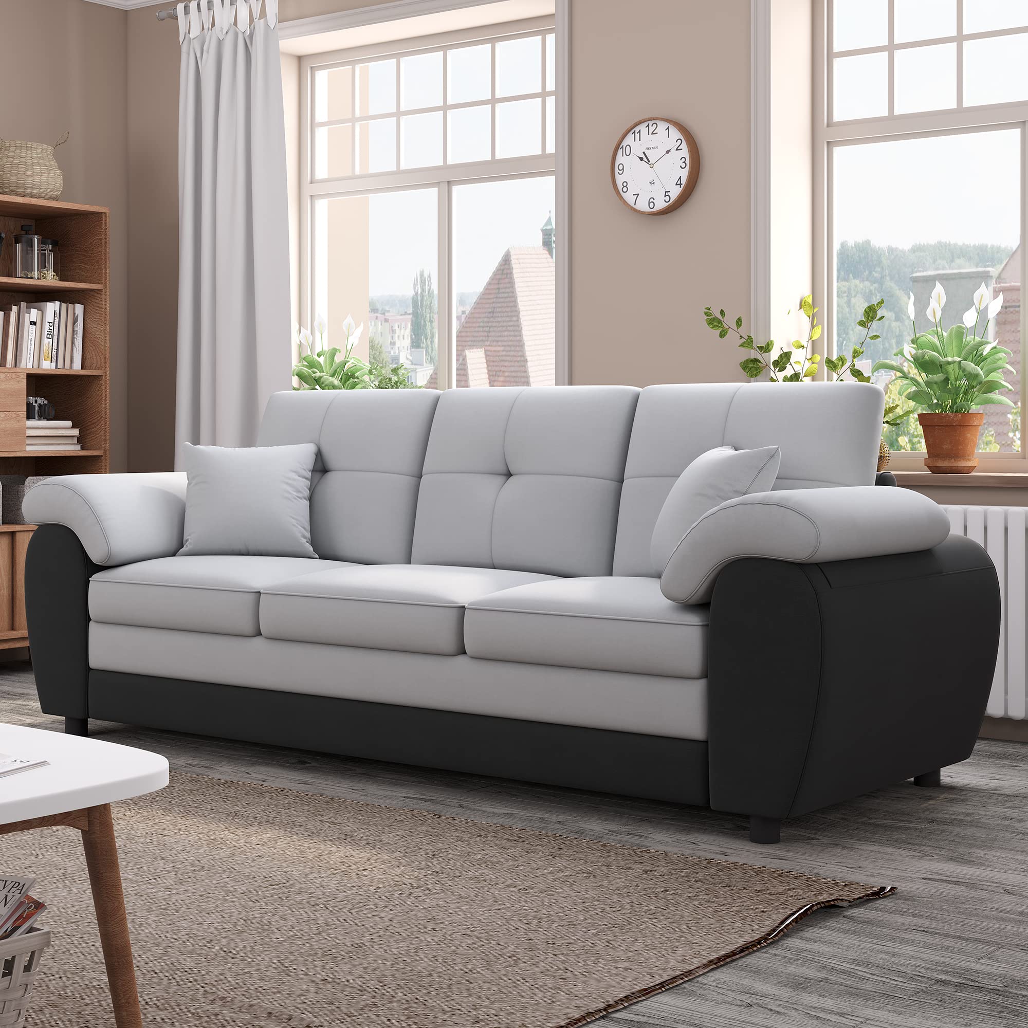 PHOYAL 3 Seater Sofa, 81.8β Modern Futon Sofa Bed Mid-Century Sofa with Two Pillows Velvet Upholstered Sofa, PU Armrest and Base for Living Room, Bedroom, Apartment, Grey