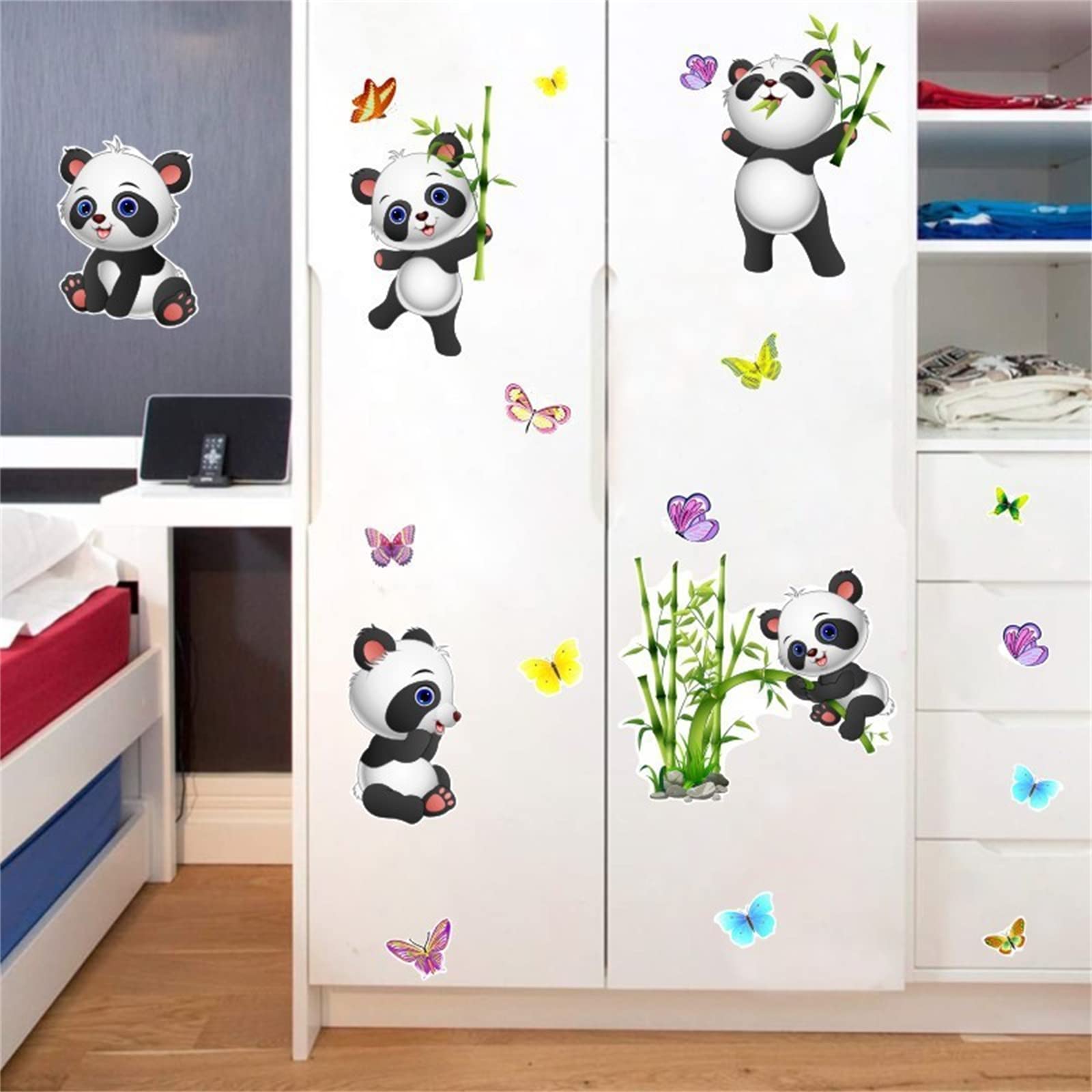 Panda Bamboo & Butterfly Wall Decals,Peel and Stick Removable Animal Wall Stickers for Kids Children Bedroom Nursery Home Decor(11x10in)