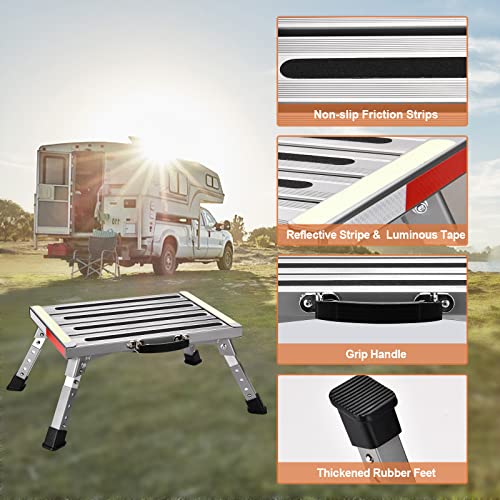 Soctone RV Step, Adjustable Height Folding Platform Step with Non-Slip Rubber Feet, Reflective Strips, Handle and Glow in The Dark Tape, Aluminum Step Stool Can Support Up to 1000lbs