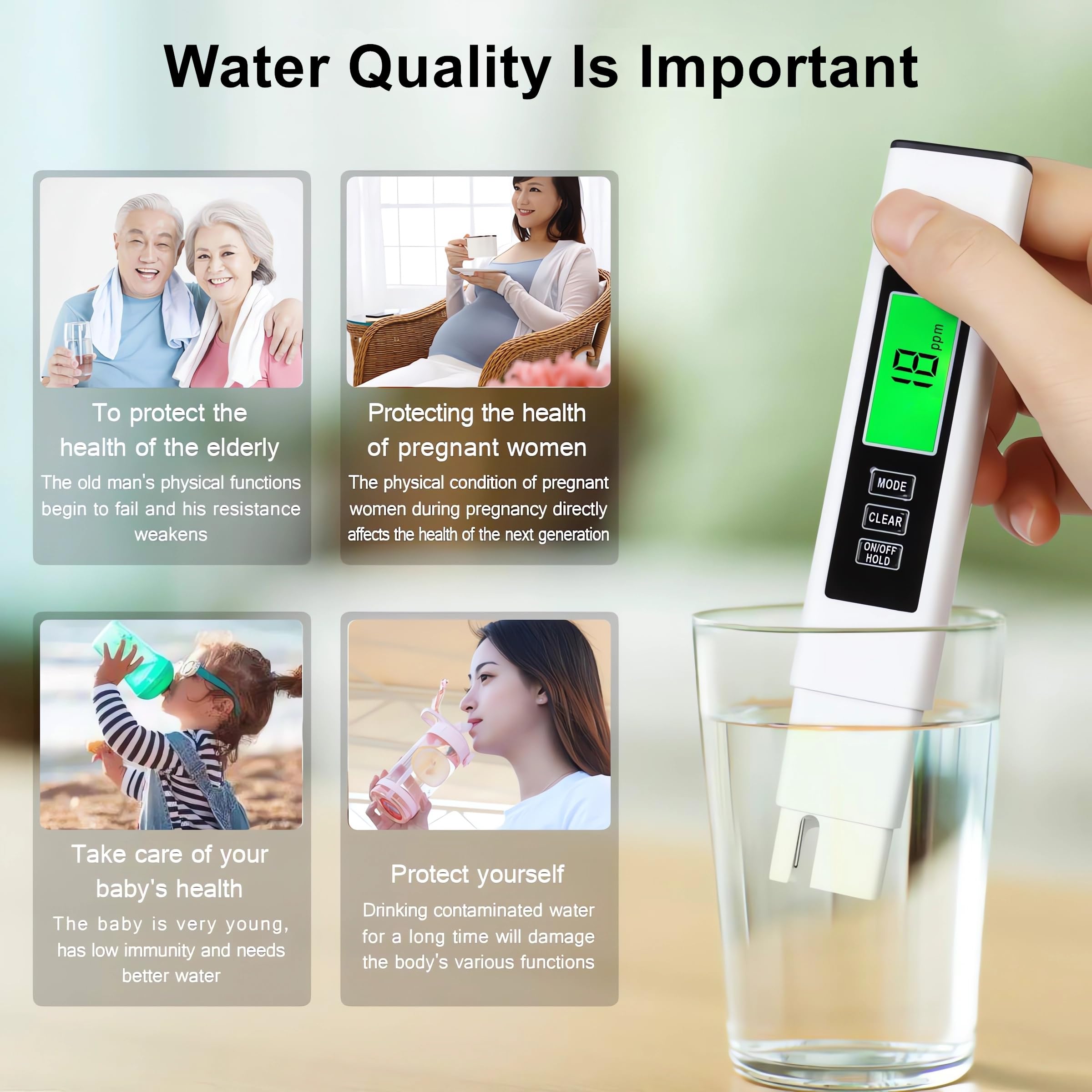 TDS Meter Digital Water Quality Tester,EC Meter & Temperature Meter 4 in 1,for Ro-Rodi System Drinking Water,Water Quality Tester 0-9990 PPM Measuring Range,1 PPM Increments(White)