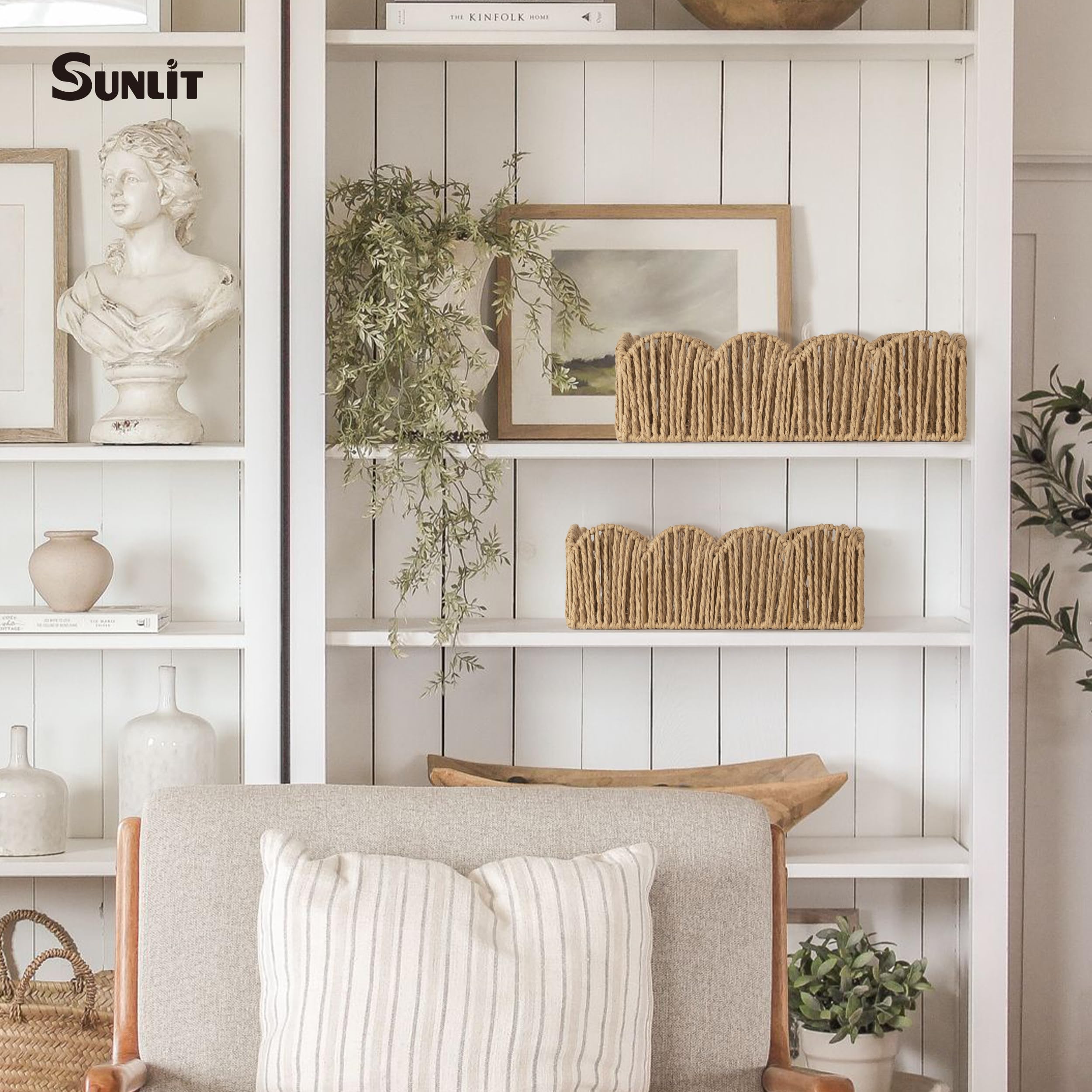Sunlit Natural Fibre Farmhouse Storage Baskets, Hand Woven Bathroom Storage Boxes, Boho Toilet Paper Tank Basket, Decorative Storage Bins for Countertop, Bathroom Organizer Set of 2, Wavy, Natural