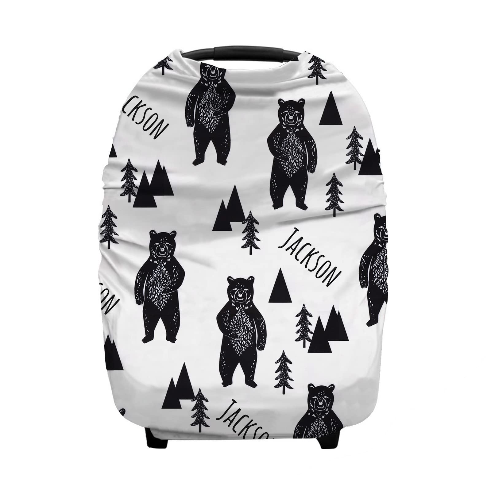 Personalized Black Bear Baby Car Seat Covers with Name, Custom Nursing Cover Breastfeeding for Babies, Carseat Canopy for Boys and Girls, Infant Stroller Cover, Breathable Carseats Cover
