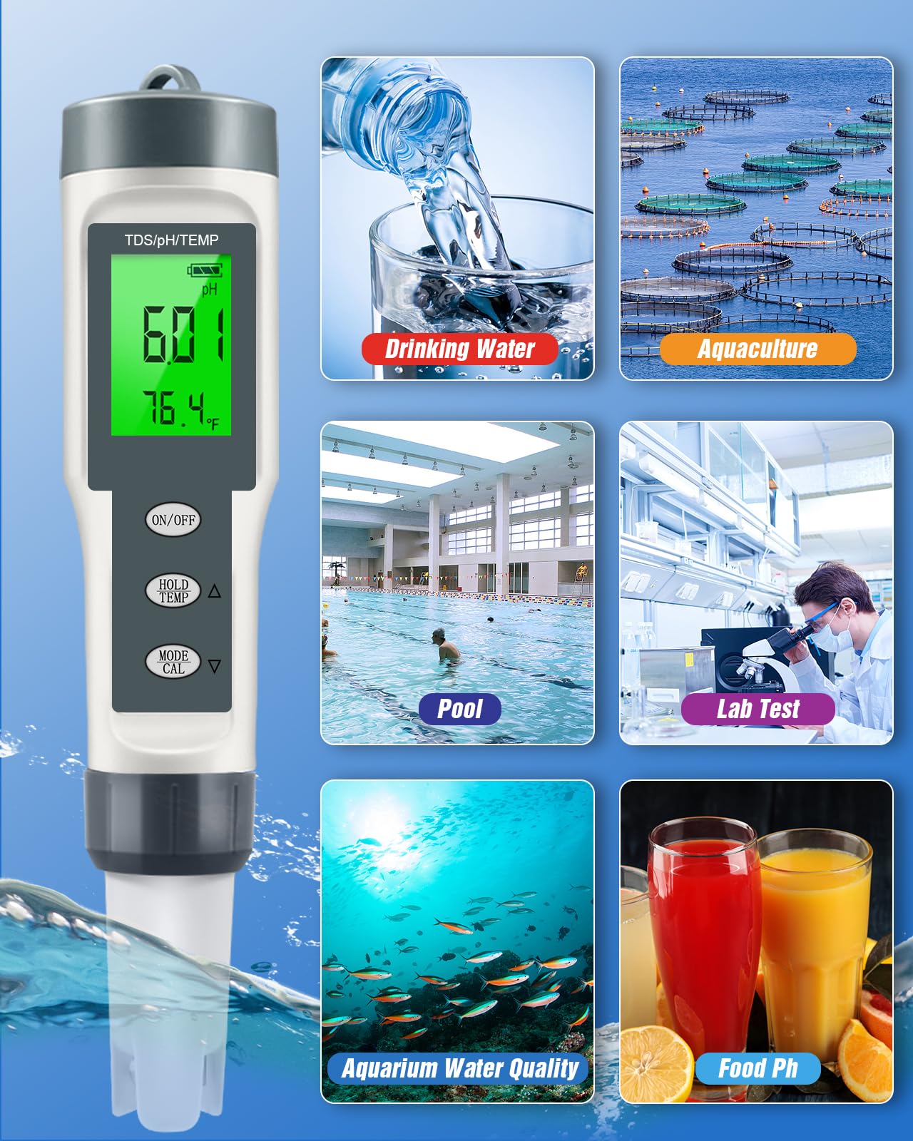 TDS/pH/Temperature 3-in-1 pH Meter for Water, 0-14 pH Measurement Range Digital pH Meter, 0.01 High Precision Water Quality Digital pH Tester with ATC, pH TDS Water Test Meter for Drinking Water