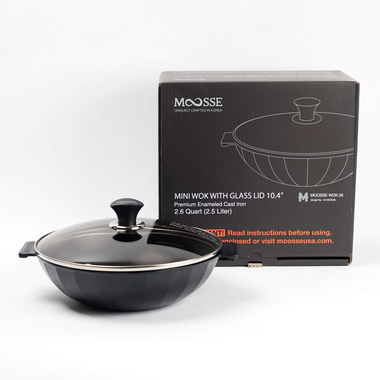 MOOSSE Premium Enameled Cast Iron Mini Wok Pan with Lid for Induction Cooktop, Stove, No Seasoning Required, 10.4β (26 cm)
