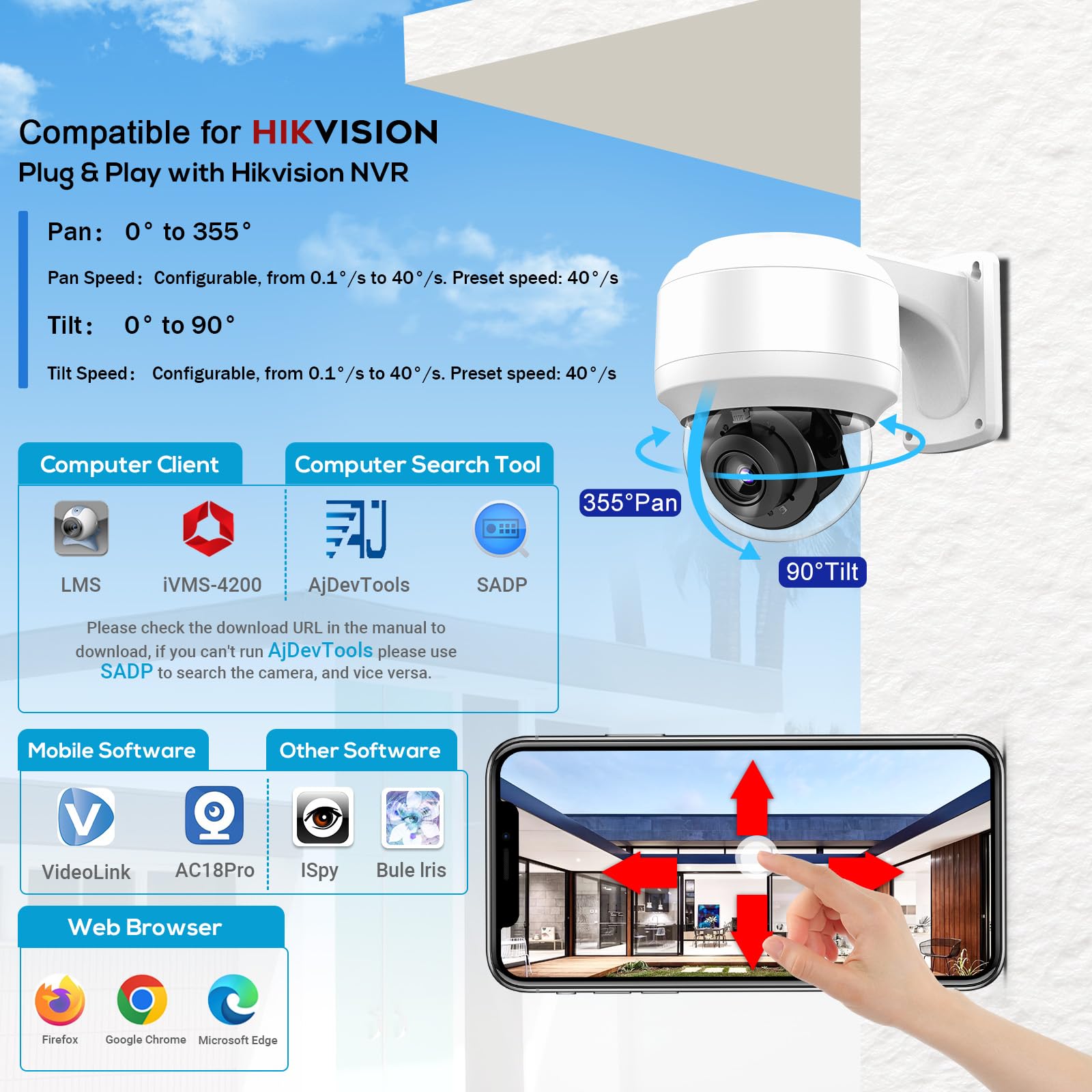 PANOEAGLE 8MP PTZ PoE IP Camera Outdoor Dome with 4X Optical Zoom 16x Digital Zoom,Built-in Mic,164ft IR Night Vision,IP67,IK10,Human Vehicle Detection