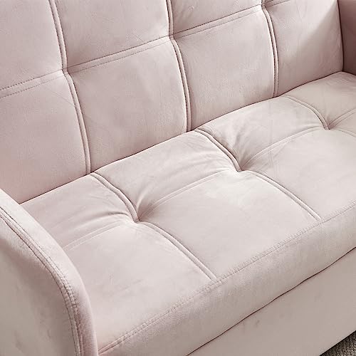 Sofa Couch w/Pull Out Sleeper Bed, 55.5β Pink Velvet Upholstery Convertible Loveseat Twin Sofabed with Two Arm Pockets, 3-angle Adjustable Backrest Sofa, Build-in 2 USB Charger Ports for Living Room