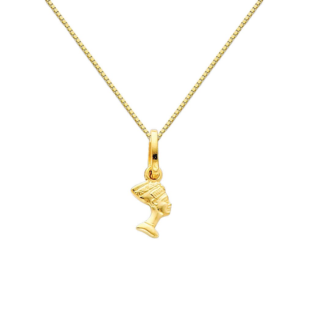 GM Fine Jewelry 14k Yellow Gold Queen Nefertiti Charm Pendant with 0.65mm Box Link Chain Necklace - 16"