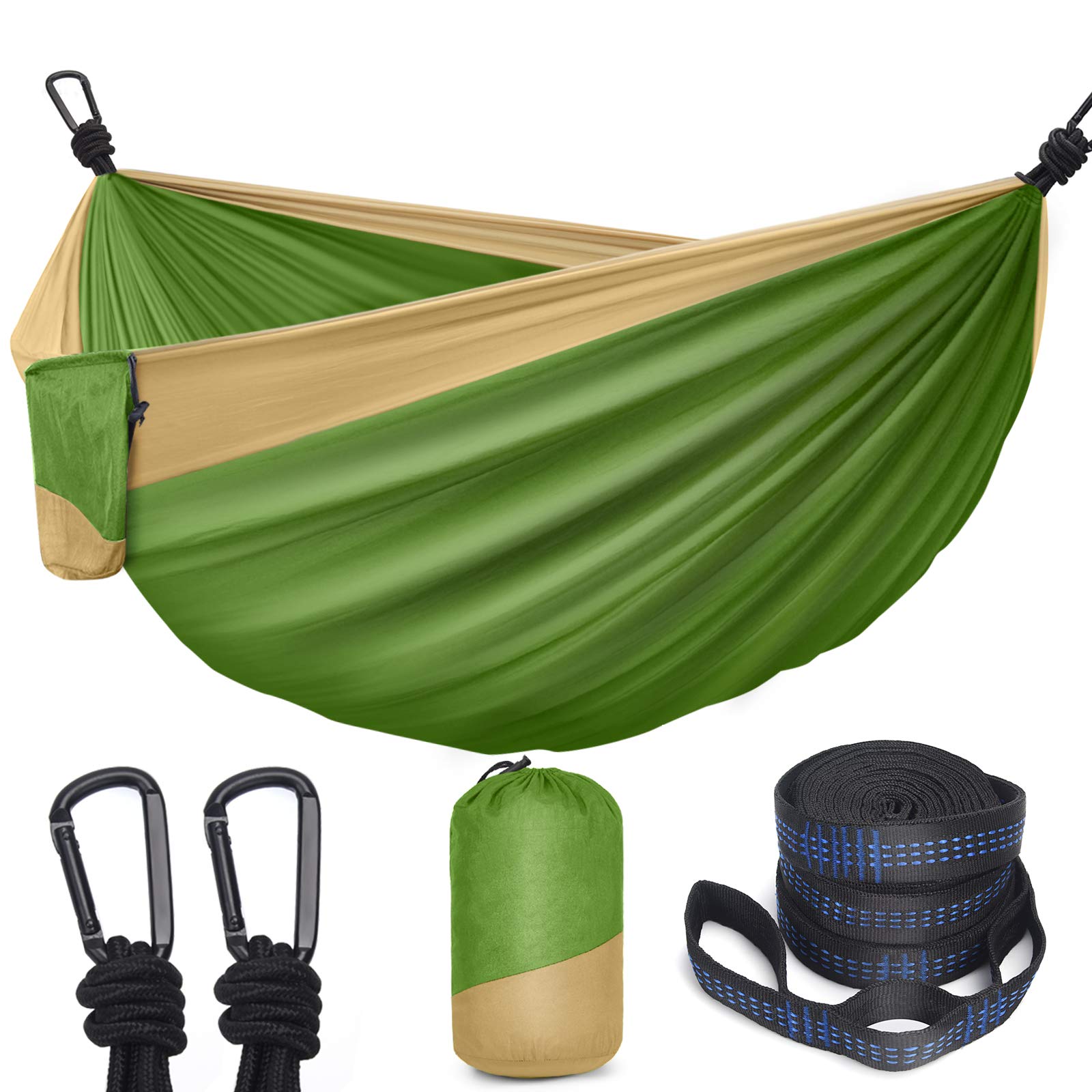 Hinastar Camping Hammock for Outside, Double&Single Portable Hammock with 2 Tree Straps, Parachute Lightweight Nylon Hammocks for Outdoor, Backpacking, Travel, Camping, Hiking(Green & Khaki)