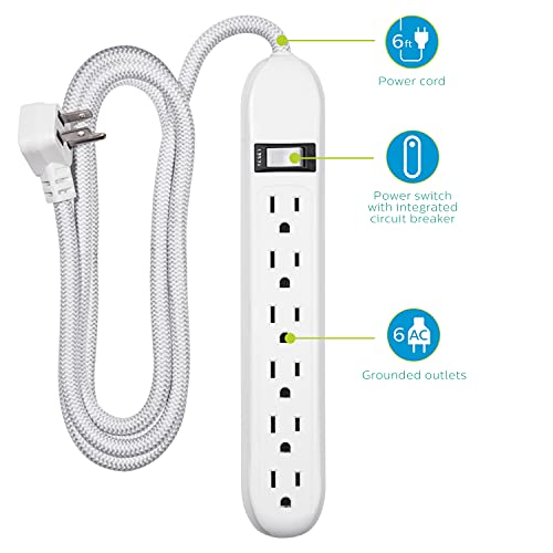 Philips Accessories Philips, White, Outlet Strip, Designer Braided Power, 6 Ft Extension Cord, Flat Plug, Perfect for Home or Office, SPS3080WC/37