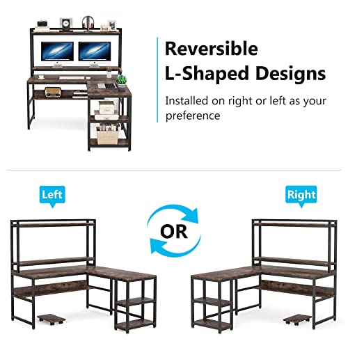 TRIBESIGNS WAY TO ORIGIN L-Shaped Desk with Storage Shelves, 59β Corner Computer Desk with Hutch, Industrial L Shaped Office Desk Gaming Table Workstation for Home Office (Rustic Brown)