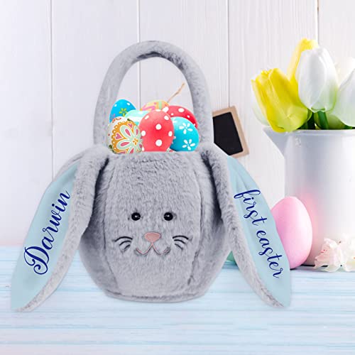 Personalized Bunny Easter Basket for Boys Girls Kids Custom Easter Baskets with Name Handle Plush Egg Hunt Bags Customized Buckets Easter Gifts