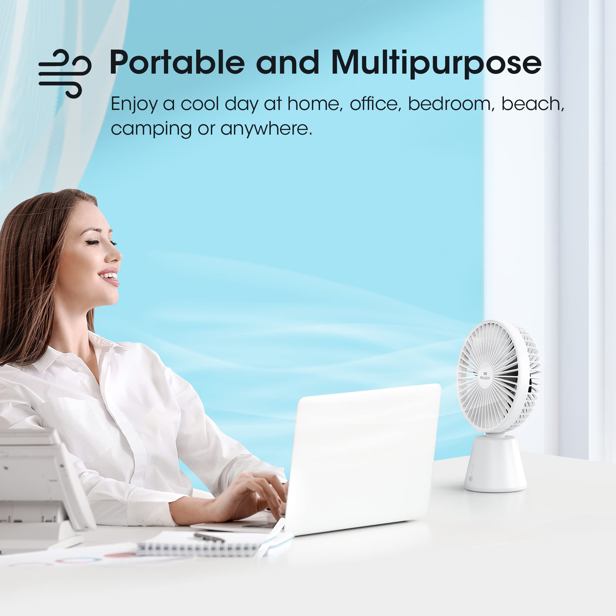 MILLETER USB Desk Fan, 3000mAh Rechargeable Oscillating Table Fan, 6.7 Inch Portable Desktop Fan with 3 Speeds Strong Airflow, Quiet Small Personal Fan for Home, Office, Dorm, Camping