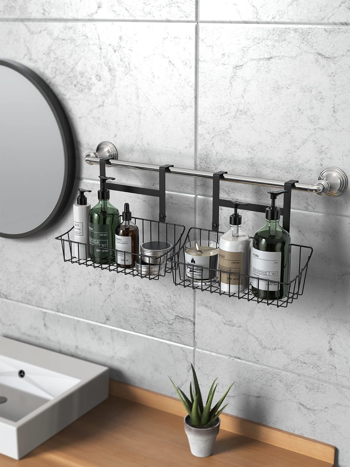 MaraFansie Grid Storage Basket, Over the Cabinet Door Organizer, Wire Hanging Basket with Hook Over the Cabinet/Railing, Under Sink Kitchen Cabinet, Pantry, Bathroom, Small, Black, 2 Pack