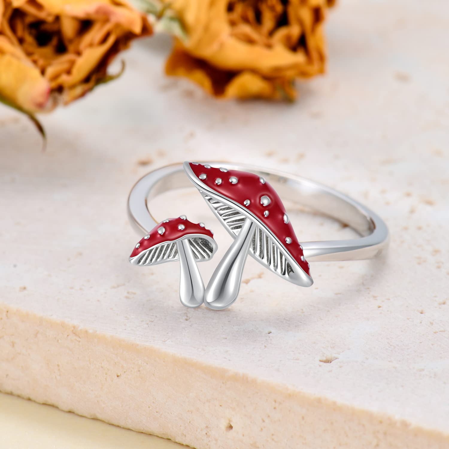 LONAGO Mushroom Ring for Women 925 Sterling Silver Red Mushroom Band Ring (Size 7)