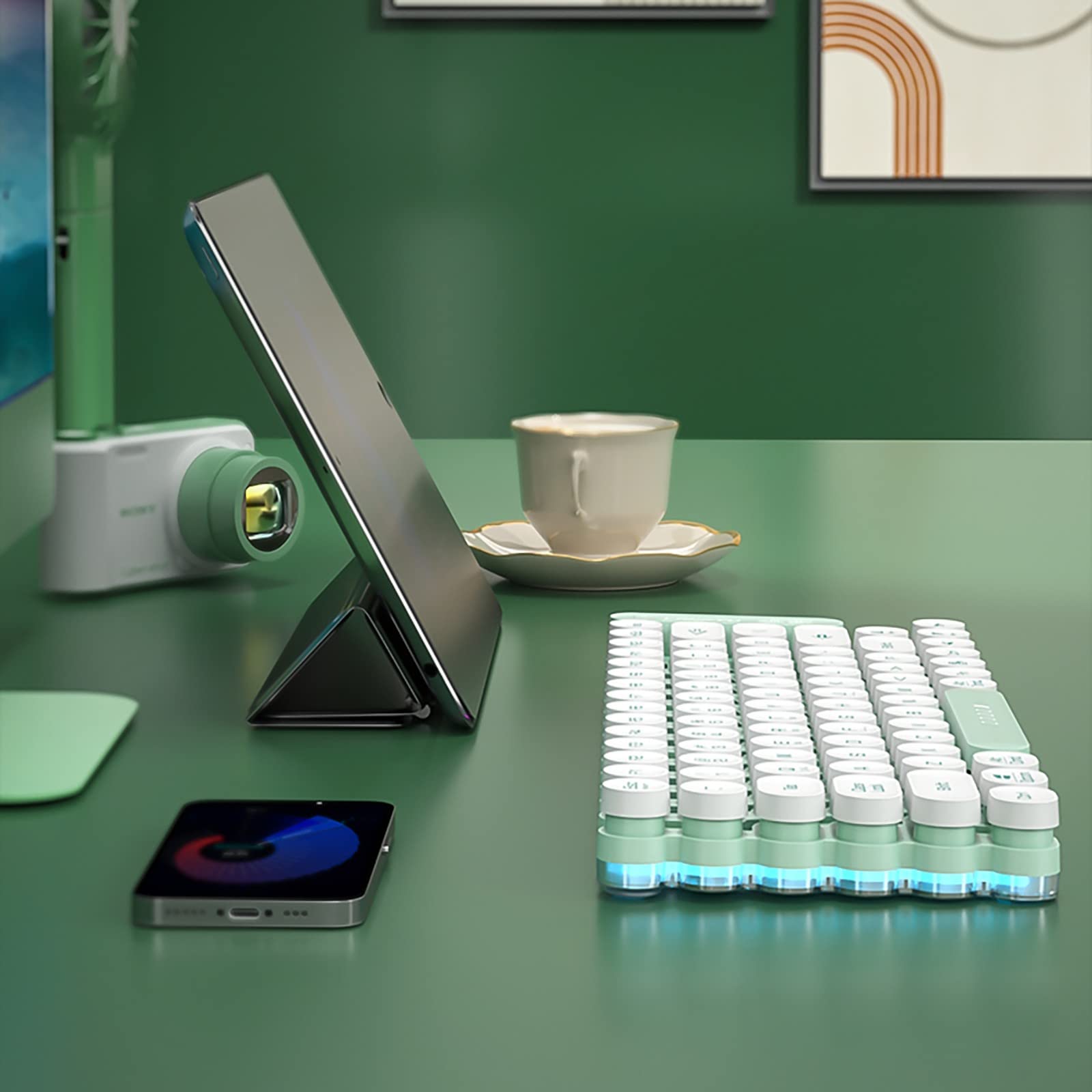 New Wireless Gaming Keyboard with RGB Lighting Ergonomic 80 Keys Bluetooth 5.0 and 2.4G Wireless Keyboard Power Saving Silent Lightweight Waterproof Gaming Keyboard for Cellphone Tablet PC (Green)