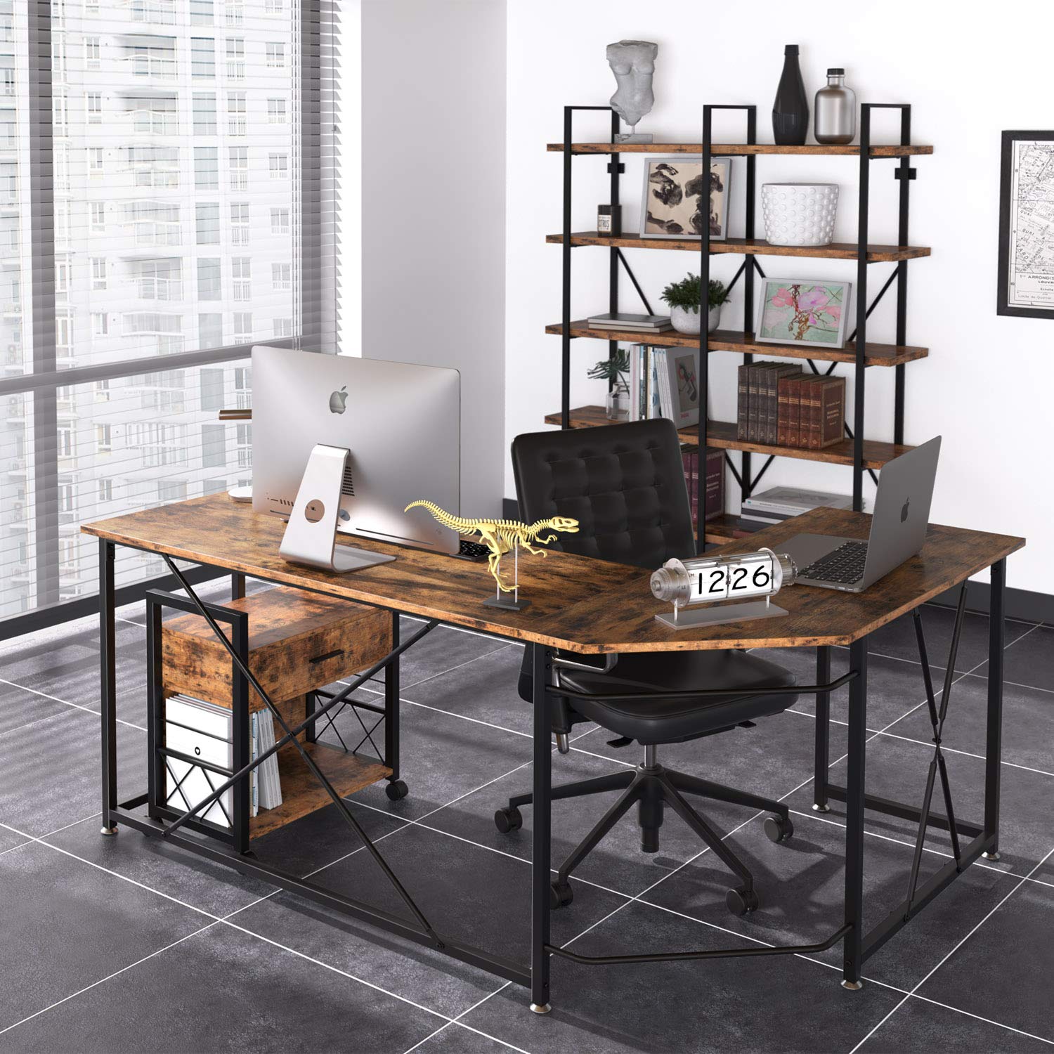 IRONCK L-Shaped Computer Corner Desk, Industrial L-Shaped Writing Workstation, Gaming Desk for Home Office, Space-Saving, Easy to Assemble, Rustic Brown