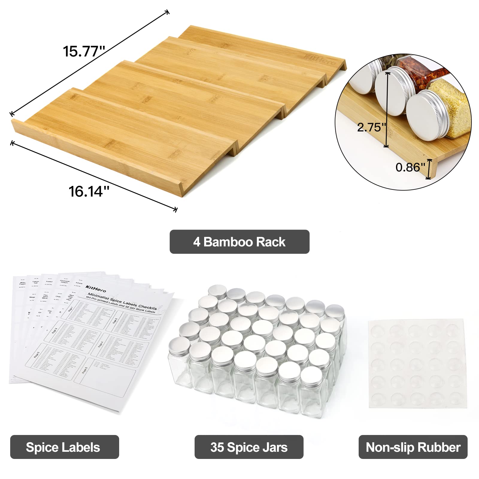 KitHero Spice Drawer Organizer with 35 Spice Jars,216 Labels,50 Non-slip Rubber, Bamboo 4 Tier Seasoning Rack Tray Insert for Kitchen Drawers,Cabinets,Countertop,16.14" Wide x 15.8" Deep