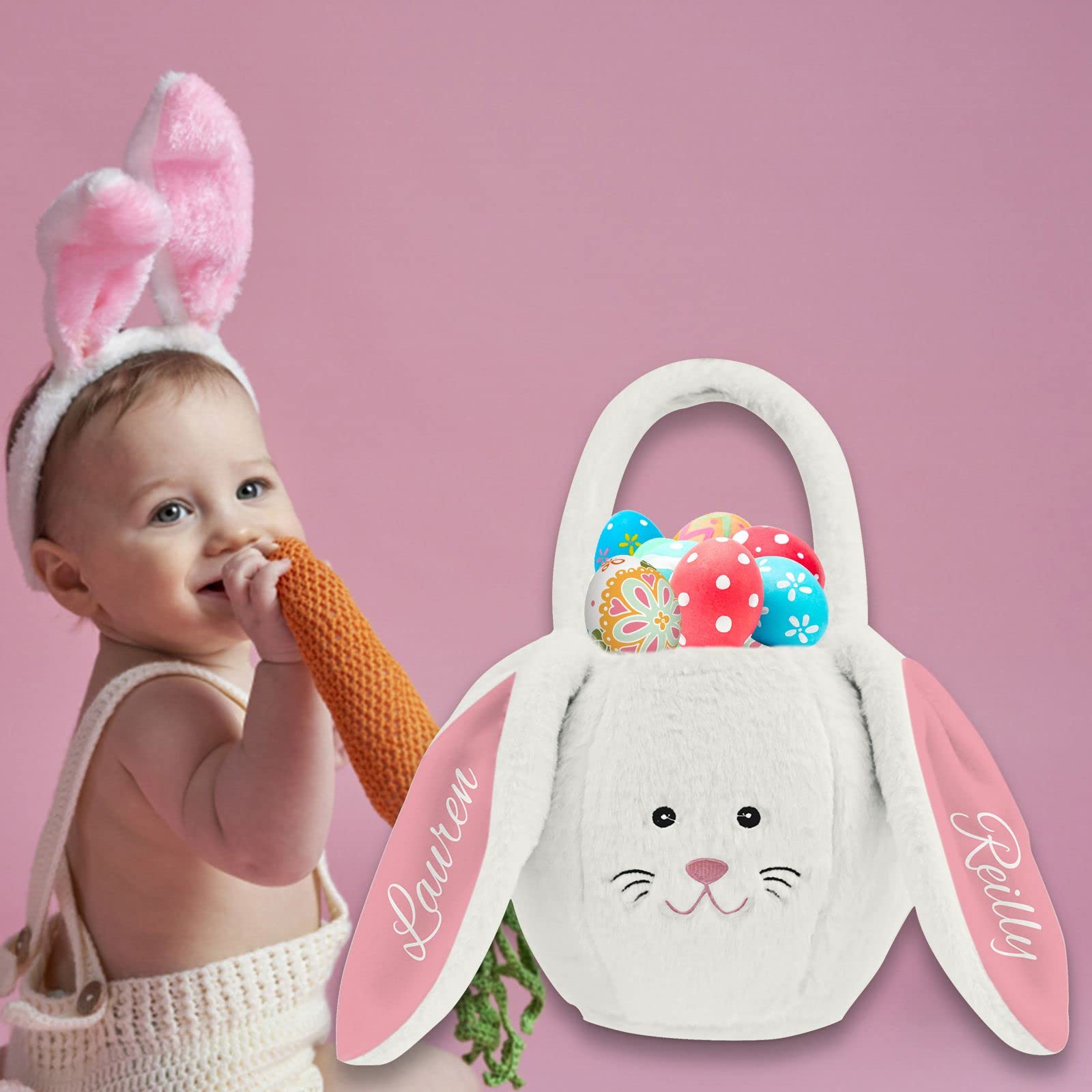 Personalized Buny Easter Baskets Custom Easter Basket with Name Empty Bags Customized Plush Egg Tote Gift-Grey