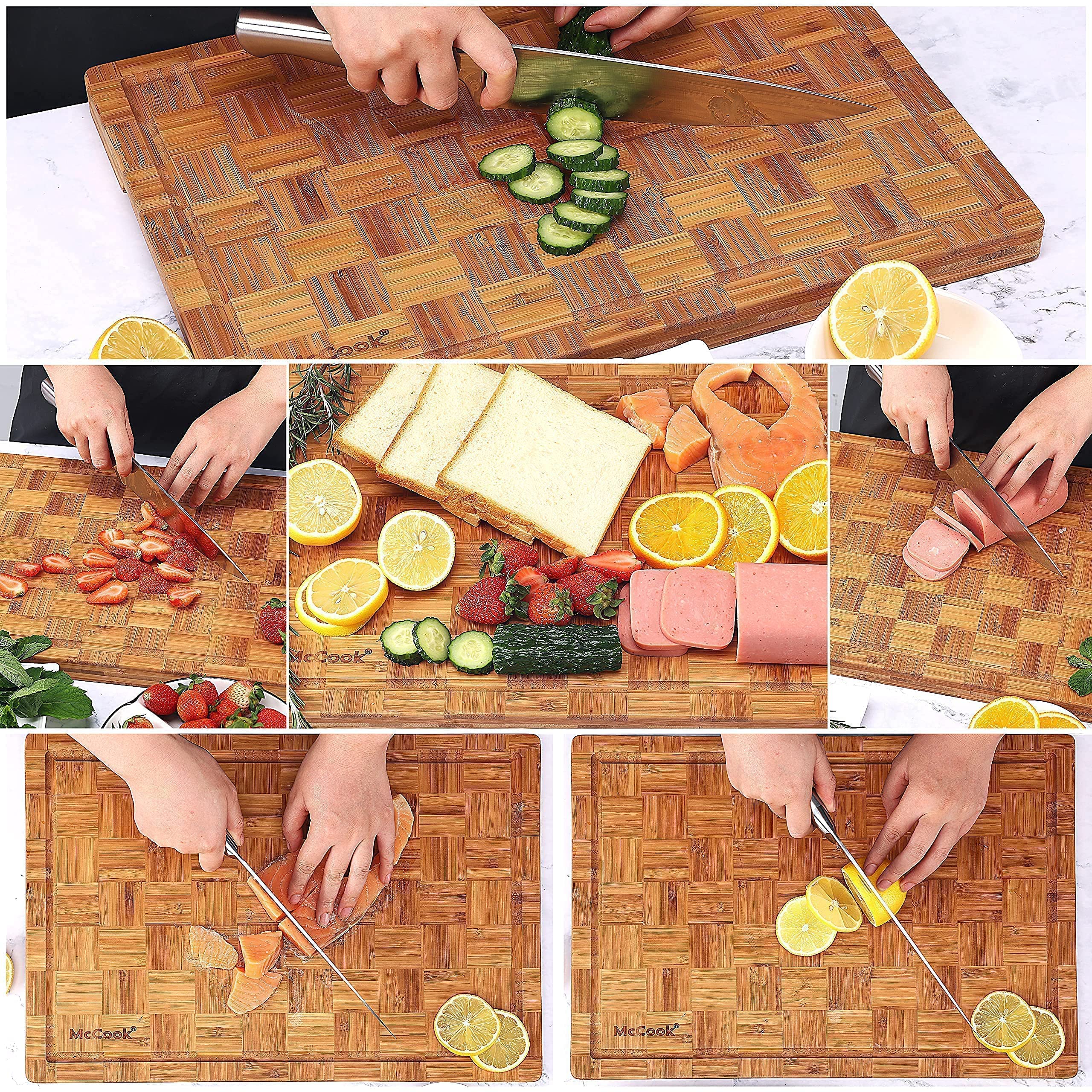 McCook MC29 German Stainless Steel Knife Block Sets with Built-in Sharpener + MCW12 Bamboo Cutting Board (Large, 17”x12”x1”)