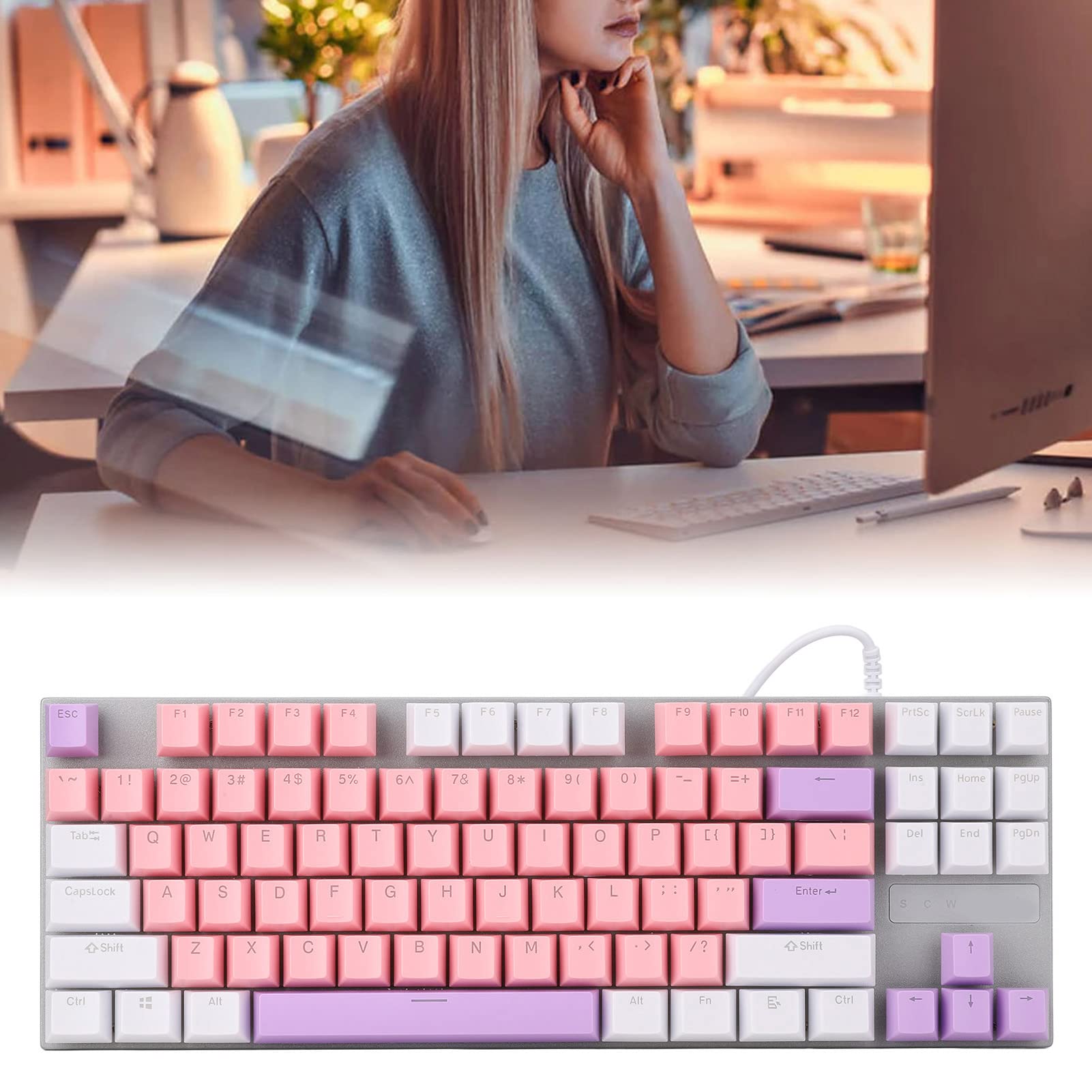Septpenta Red Switch Mechanical Keyboard, 26 RGB Lighting Effects, Conflict Free Design, Splash Proof Drainage Holes, 87 Key Ergonomic Gaming Keyboard(Pink, White and Purple)