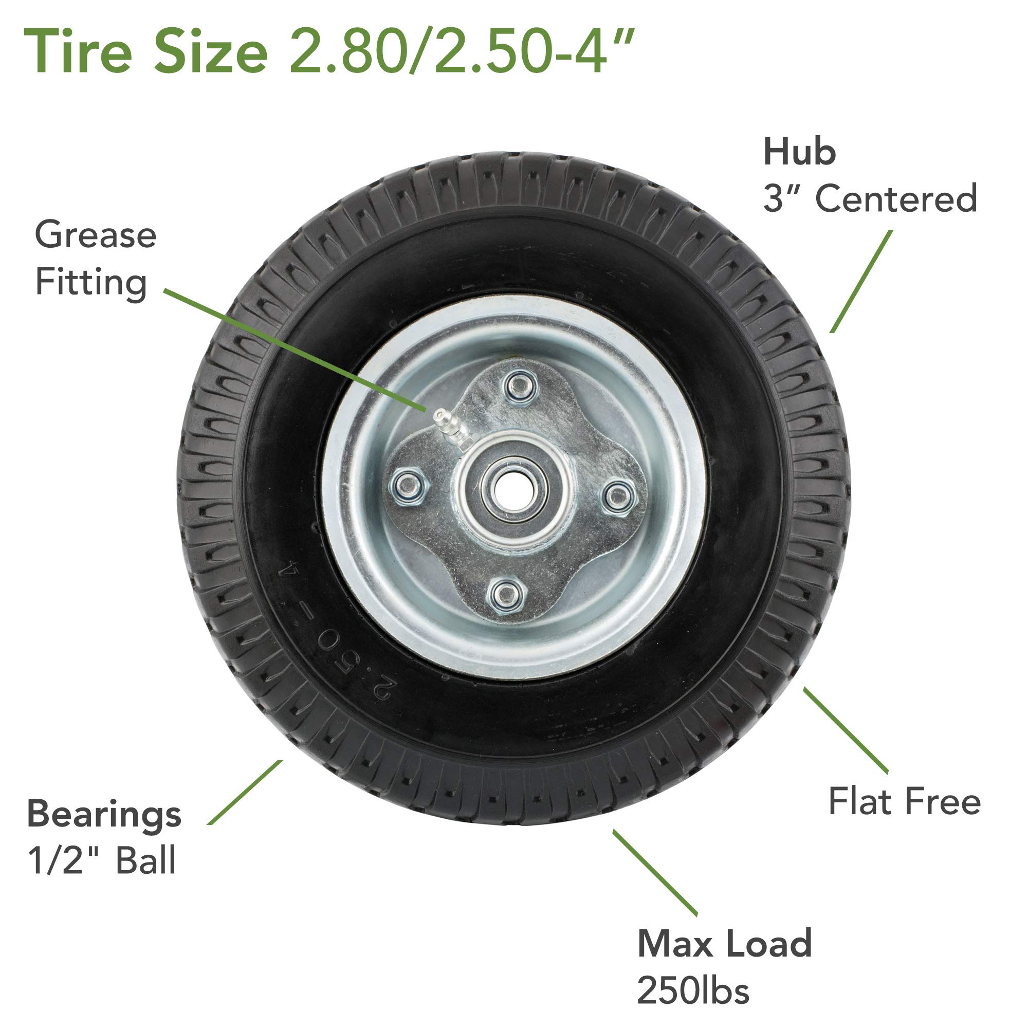 Marathon 2.80/2.50-4" Narrow Width Flat Free Hand Truck / Utility Cart Tire on Wheel, 3"Centered Hub, 1/2" Bearings