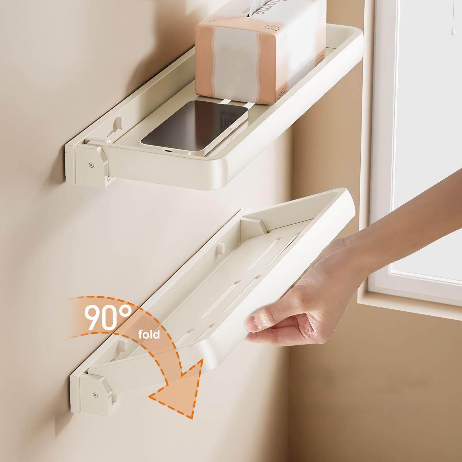QruiLanTu 2Pack Bathroom Shelves Wall Mounted Aluminum Foldable Shelf 12inch Floating Shelves Set for Bedroom Living Room Kitchen RV Shelf (White)