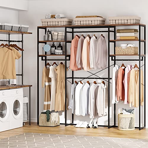 Tribesigns 71''L x 83''H Super Large Heavy Duty Clothes Rack, Freestanding Garment Rack with Shelves and Hanging Rods, Large Open Closet Organizer Wardrobe for Bedroom, Rustic Brown
