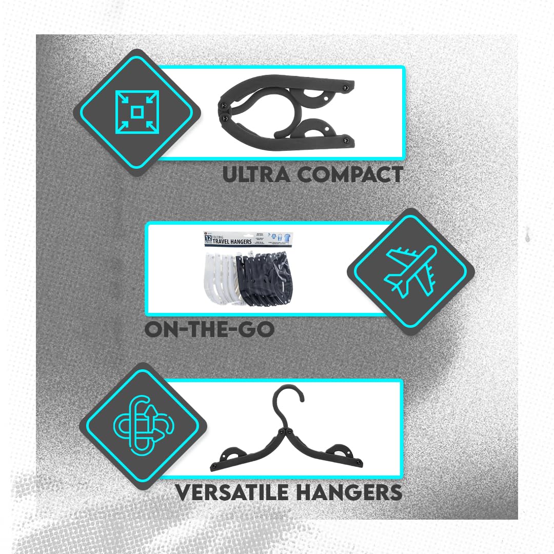 SE 12-Piece Set of Folding Ultra Compact Travel Hangers (Black & White), Open 16-Inches Folded 5-Inches