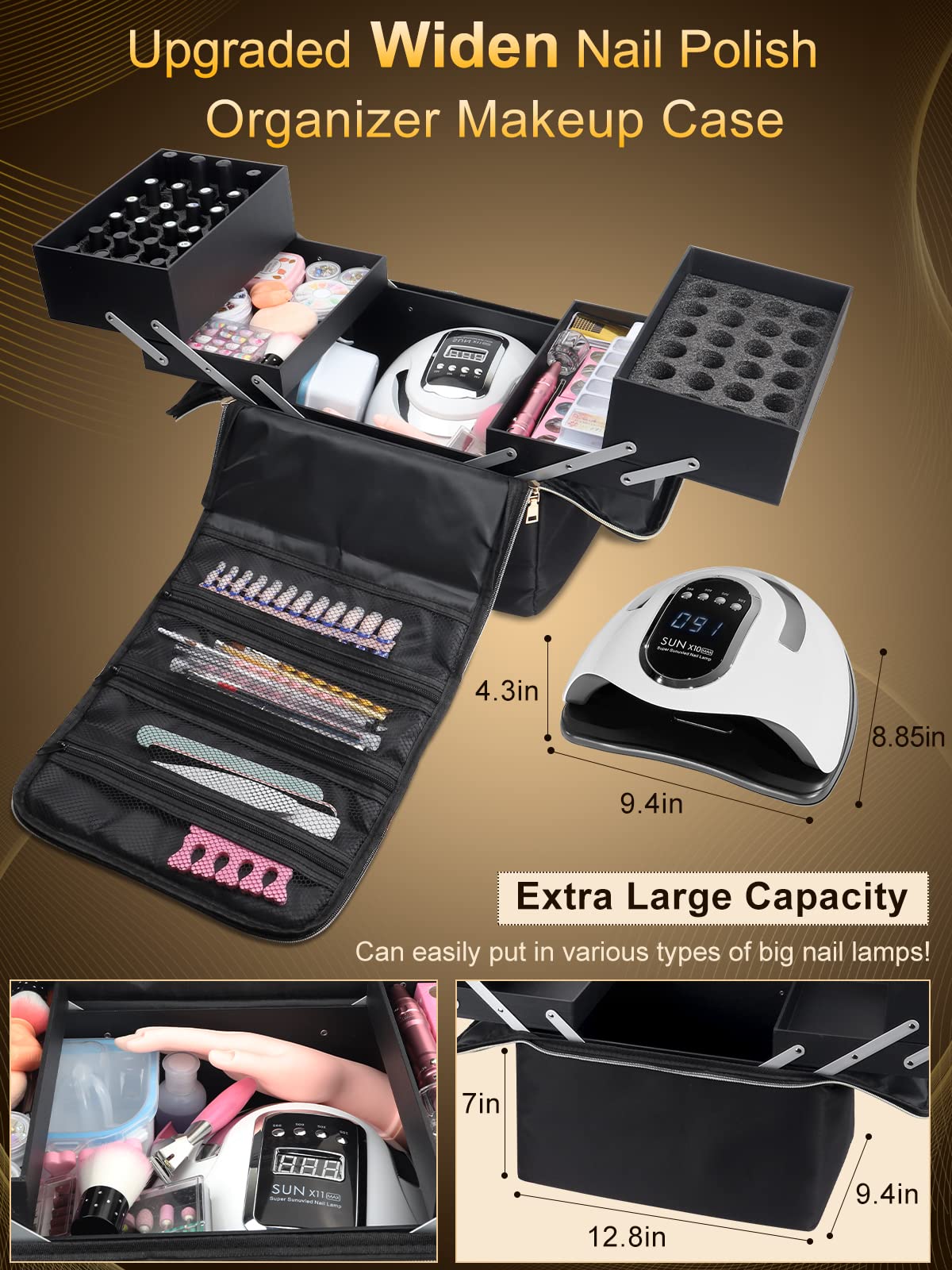 Quaferen Makeup Train Case, Large Plus Size Cosmetic Organizer, 4 Tier Nail Tech Supply Storage, Black Waterproof Nail Polish Organizer Bag for Travel
