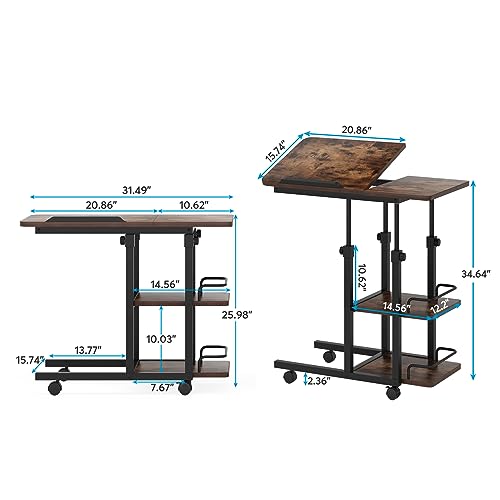 Tribesigns Height Adjustable C Table with Storage, Mobile Couch Snack Side Table with Tiltable Drawing Board, Sofa Bedside Table Laptop Rolling Cart for Bedroom, Living Room (Rustic Brown)