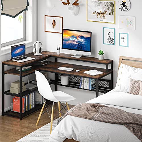 Tribesigns L-Shaped Computer Desk with Monitor Shelf Stand, L Shaped Corner Desks with Large Wood Desktop Industrial Heavy Duty Metal Frame Storage Shelves for Office Home, Rustic Brown Black