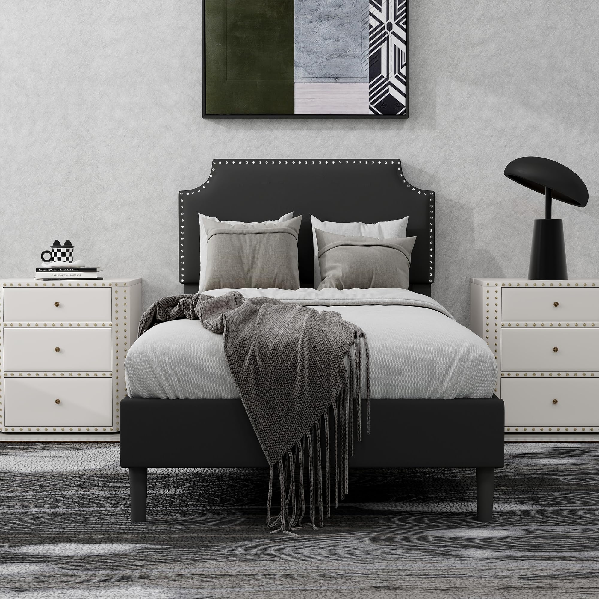 Tuconia Upholstered Platform King Size Bed Frame with Adjustable Headboard Wooden Slats Support No Box Spring Needed Noise-Free Velvet Beige