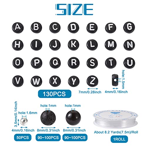 Pandahall 360-380Pcs Natural Black Onyx Lava Rock Gemstone Beads 8mm Healing Crystal Round Stones with A-Z Letter Spacer Beads Elastic String for Adults Diffuser Essential Oils Bracelets Making
