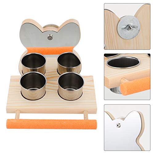 Parrot Mirror with Water Food Bowl Wood Holder Cage Accessory Feeding Bowl Parakeet Toys