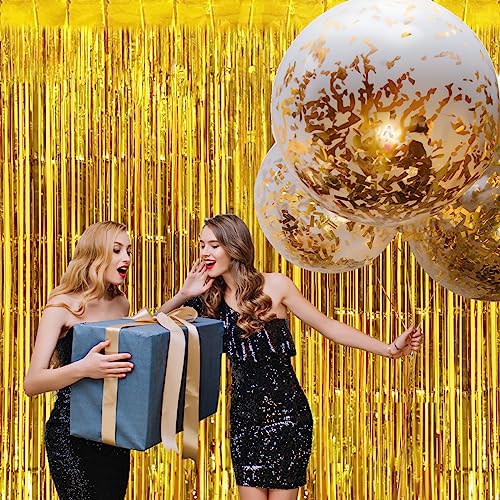 Thicken Gold Foil Fringe Curtains Decorations 3.2x8.2ft - 2 Pack, Photo Backdrop for Birthday Bachelorette Bridal Shower Baby Shower Graduation Party, Party Streams Decor
