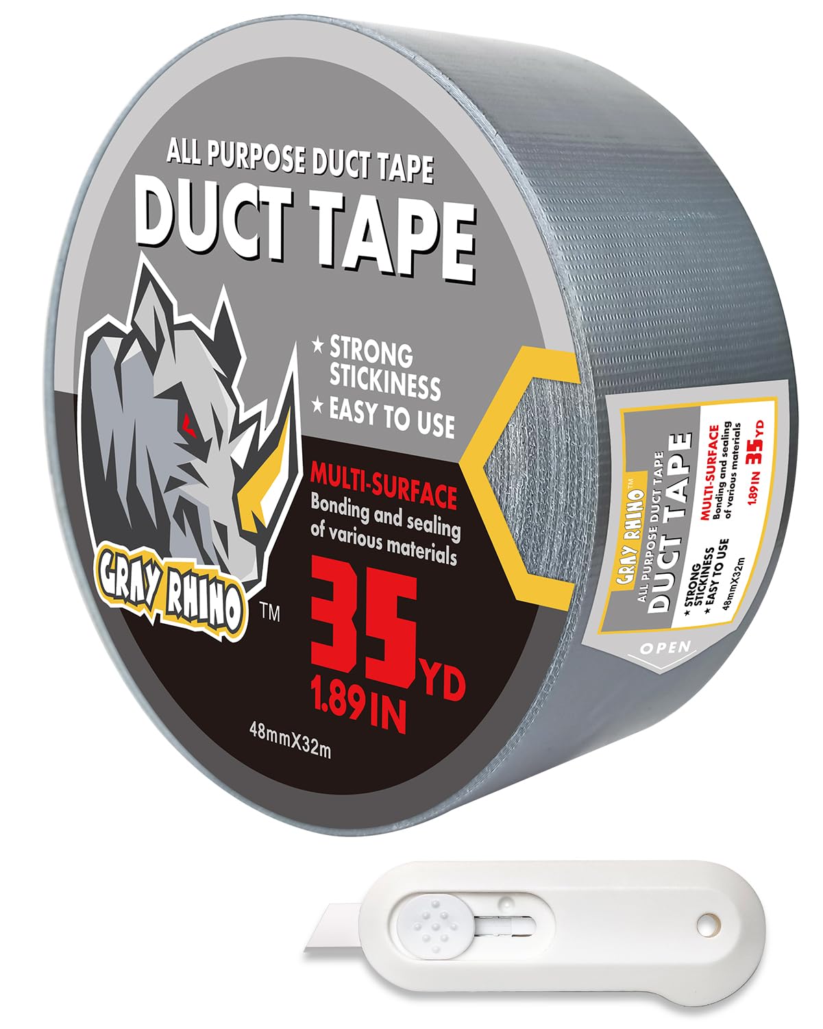 GRAY RHINO Duct Tape Heavy Duty Waterproof 1.88in 105ft/35yd Tearable with No Residue Strong Adhesive Duct Tape for Packaging Tape Indoor&Outdoor Repair Blackout Tape (1, Silver)