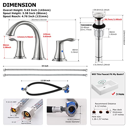 PARLOS Widespread 2 Handles Bathroom Faucet with Metal Pop Up Sink Drain and cUPC Faucet Supply Lines, Brushed Nickel, Demeter 13647