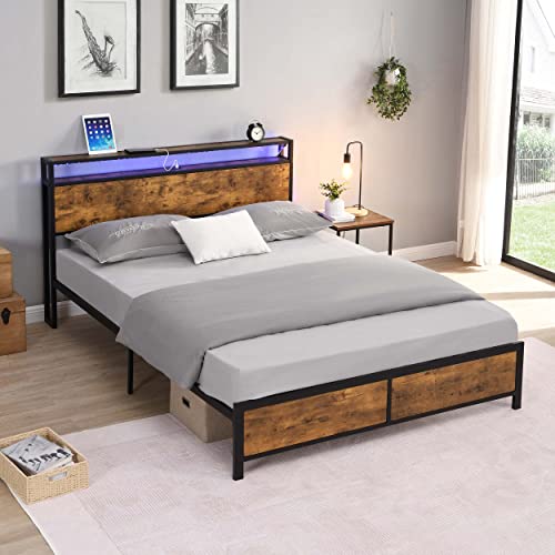 Modern Industrial Queen Bed Frame with LED Lights and 2 USB Ports, Metal Platform Bed Frame Queen Size with Storage, Noise Free, No Box Spring Needed, Strong Steel Slats Support, Rustic Brown (Queen)