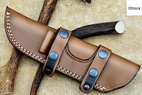 Ottoza Handmade Leather Knife Sheath RIGHT HAND Bushcraft Knife Sheath - Hunting Knife Sheath - Survival Knife Sheath - Fixed Blade Knife Sheath Horizontal Carry Dark Brown TOP GRAIN LEATHER No:44