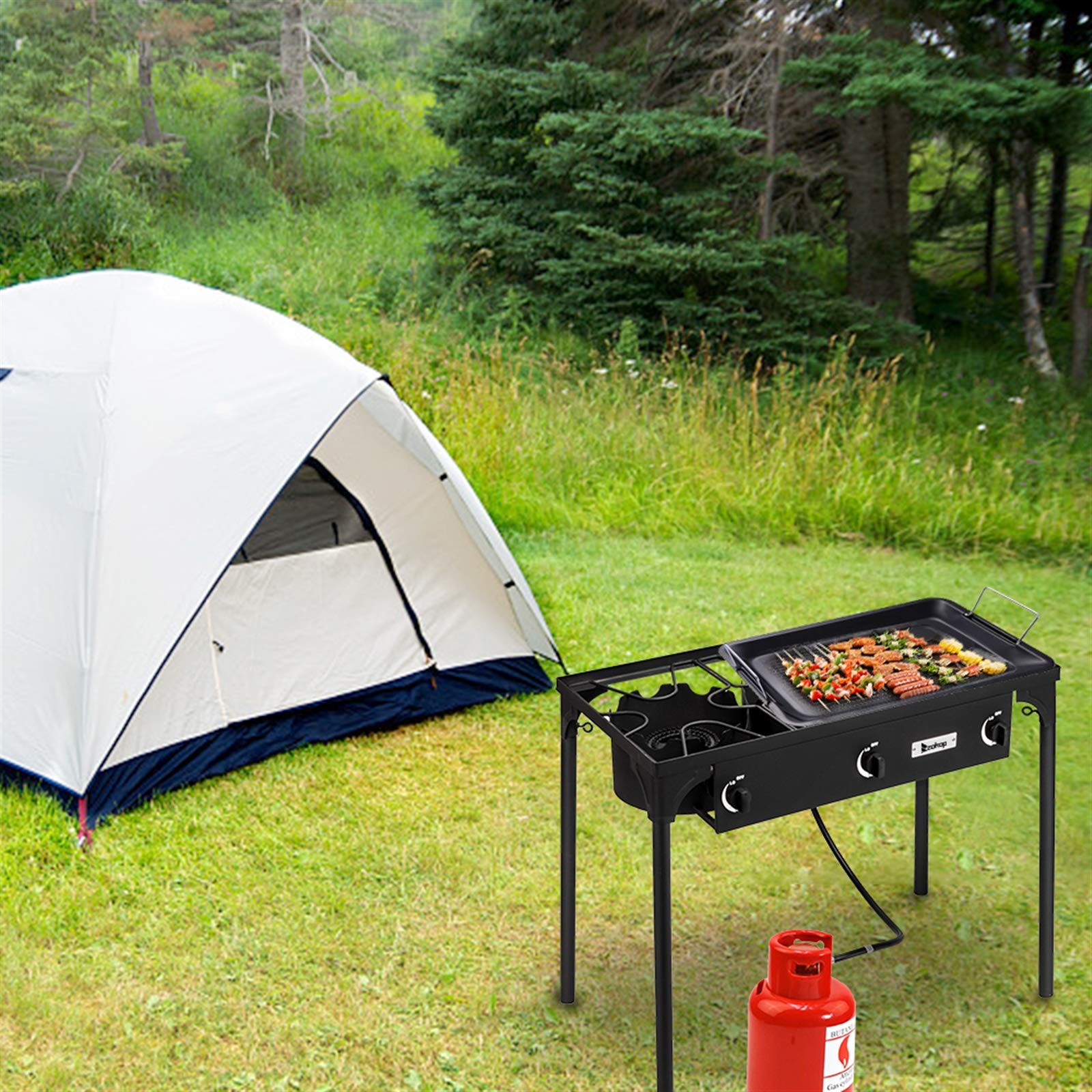 Outdoor Camping Stove, 3 Burner Propane Gas Cooker w/Detachable Legs & 0-20 PSI Regulator & CSA Approval for Camping Cookout, Max. 225,000 total BTU/hr