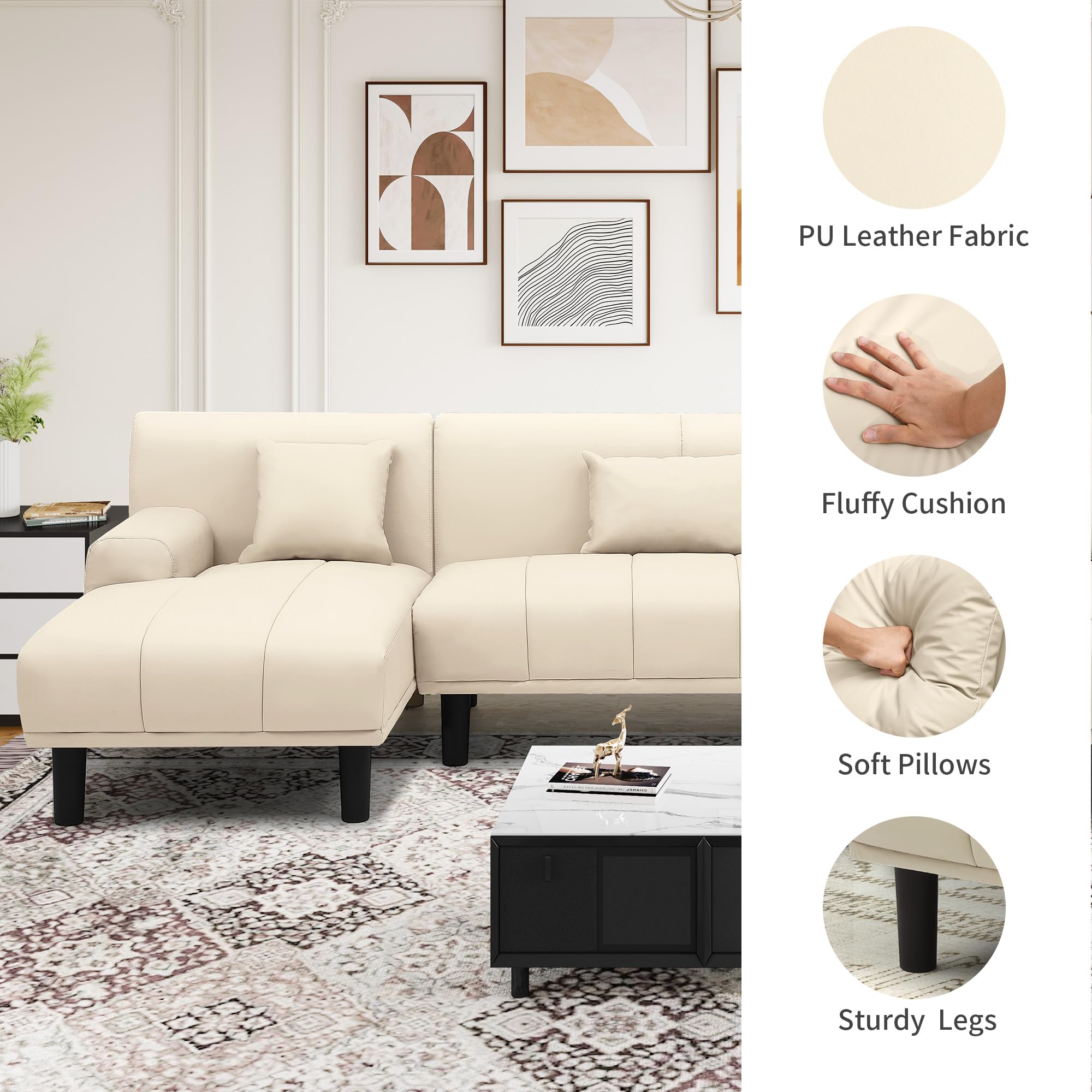 YITAHOME Sectional Couches for Living Room, U Shaped Sofa Faux Leather Modern Modular Couch Sofa with USB & Type C Charging Ports Double Chaise and Comfy Upholstered, Beige