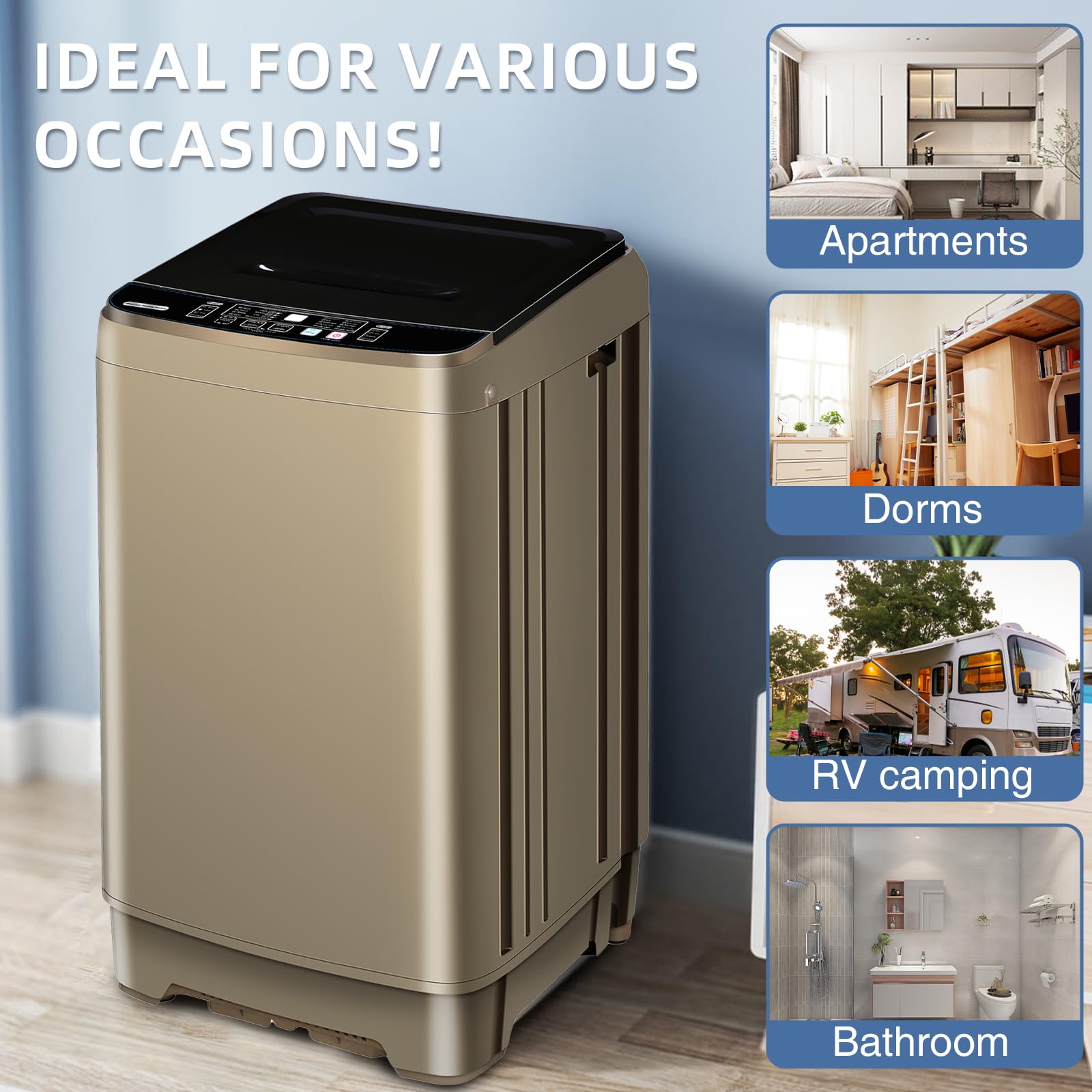 Iorbur Full Automatic Washing Machine, 15.6 lbs Top Load Portable Washer with Drain Pump, LED Display with 10 Programs & 8 Water Levels Selections, Ideal for Apartment, Dorm, RV, Camping, Dark Gold