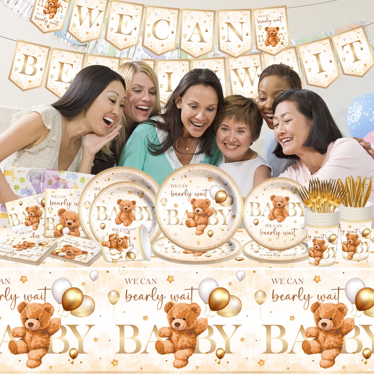 Teddy Bear Baby Shower Decorations for Boy-142Pcs We Can Bearly Wait Tableware,Brown Bear Theme Plates and Napkins Set Serves 20 Guests,Teddy Bear Baby Shower Birthday Party Supplies