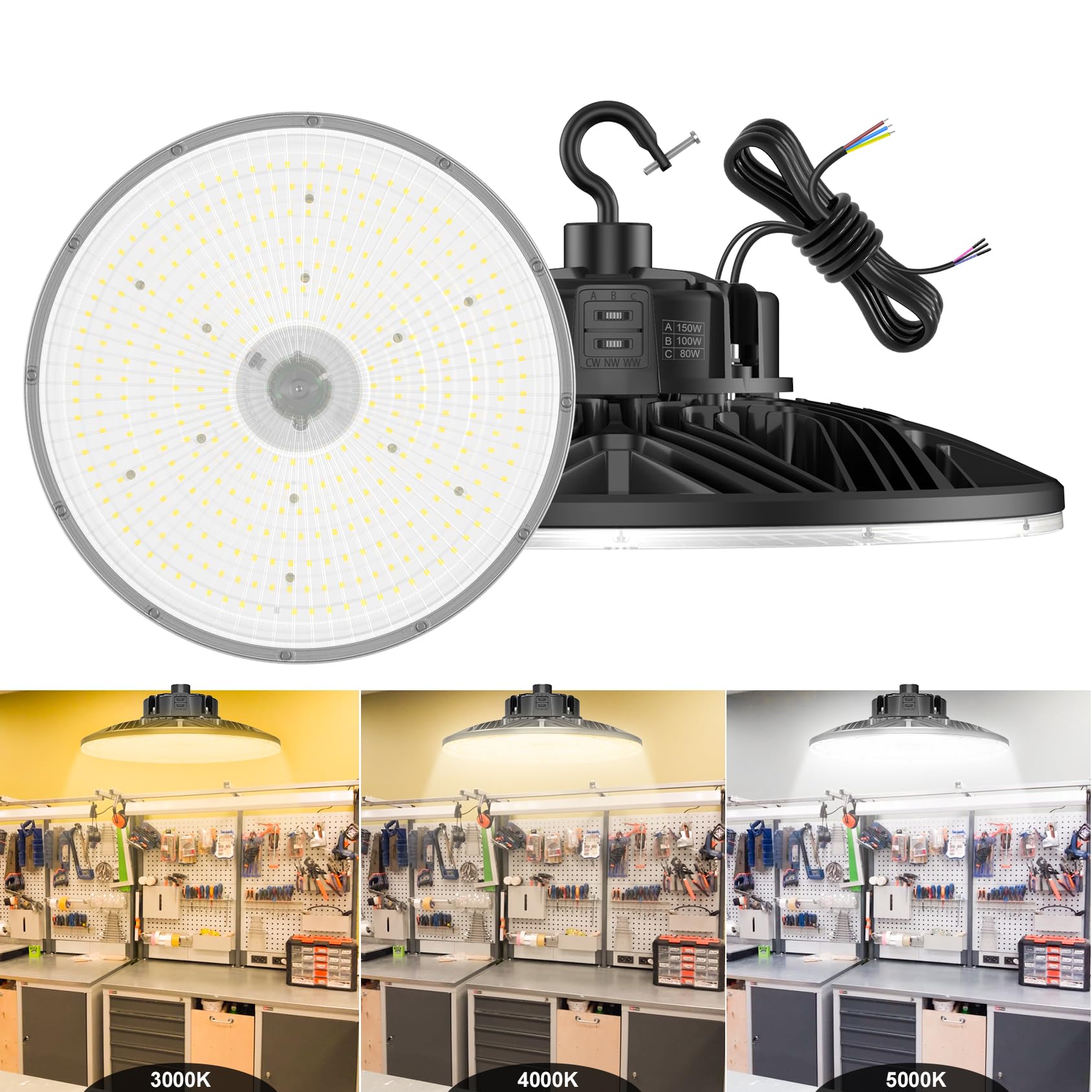 UFO LED Low Bay Light 4000K 80W 100W 150W 21,000Lumen 3000K Highbay UFO Lights for Workshop Garage Warehouse Lighting Fixture DLC UL Listed AC100-277V Input, 5000K High Bay LED Shop Lights Diammable