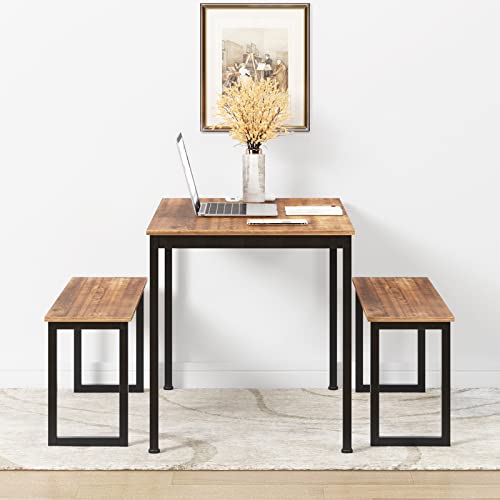 SogesHome 3-Piece Kitchen Dining Room Table Sets, 45ββ Table and 2 Benches for 4, Space-Saving Table Set for Restaurant, Coffee Shop, Living Room, Small Space