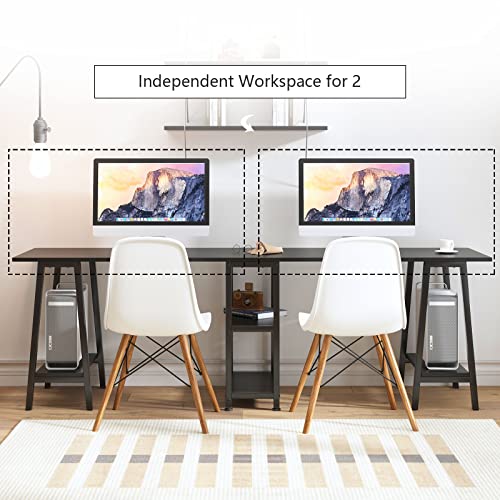 SogesHome 94.5’’ Two Person Desk, Double Computer Desk with Storage 2-Tier Shelf, Extra Long Large Gaming Desk, Office Study Writing Desk Workstation-94.5L’’x23.6W’’x29.5H’’(Black)