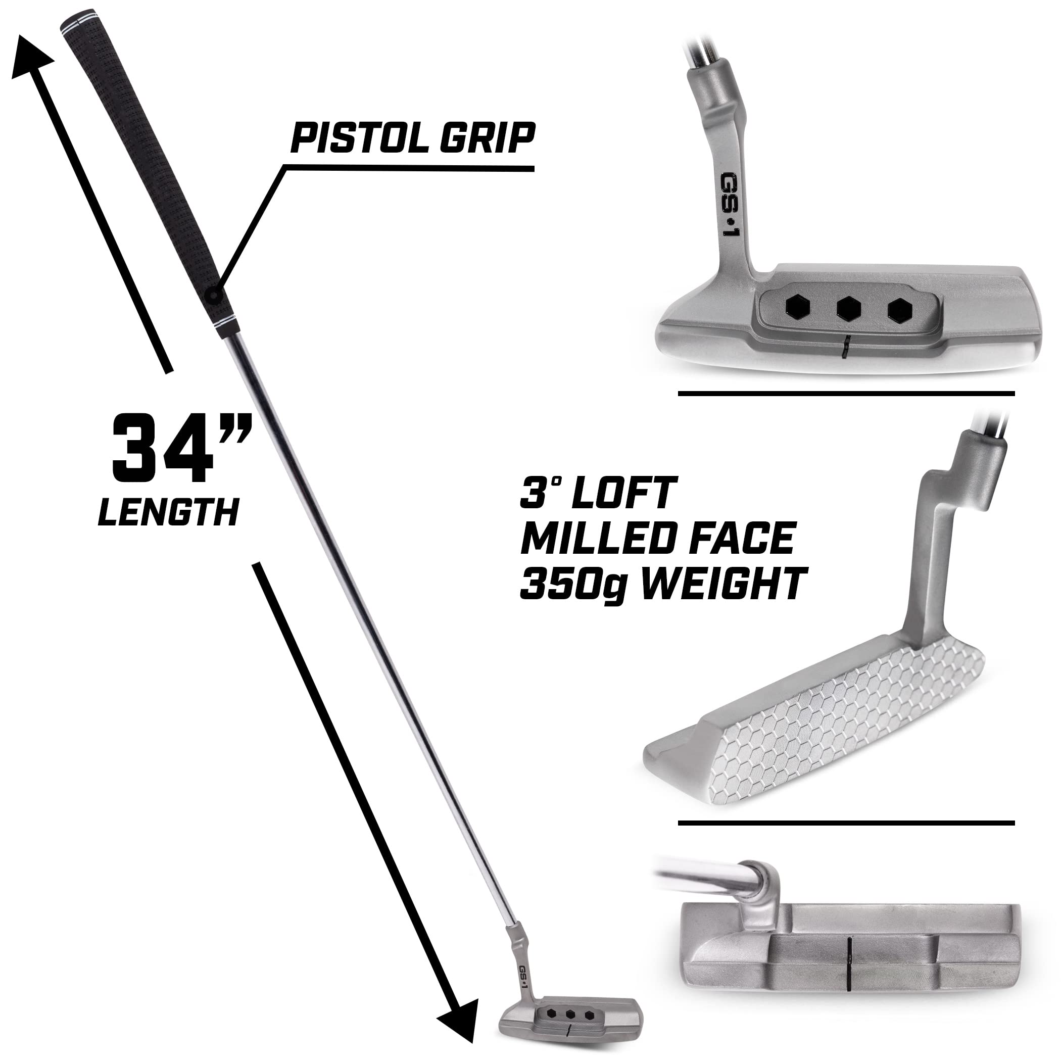 GoSports GS1 Tour Golf Putter β 34β Right-Handed Blade Putter with Milled Face, Choose Oversized Fat Grip or Traditional Grip, Silver